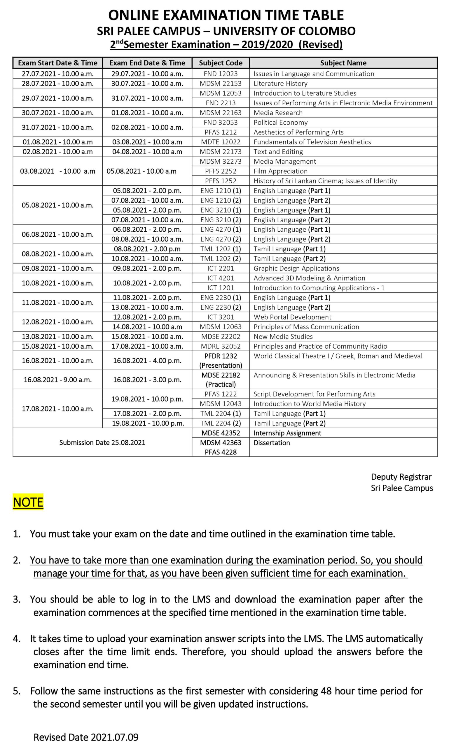 Online Examination – Second Semester 2019/2020 | Sri Palee Campus